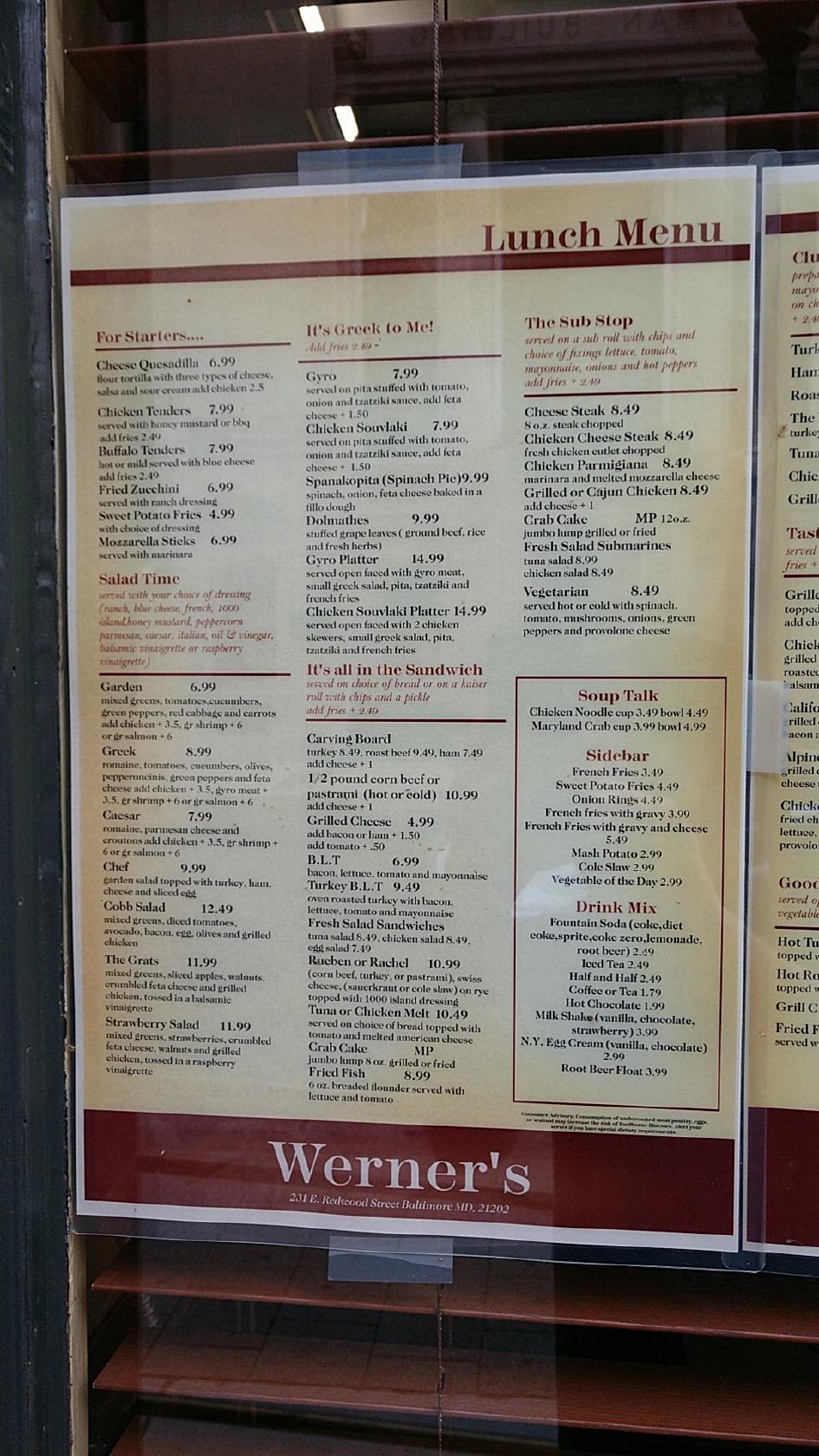 Menu at Werner's Diner and Pub, Baltimore
