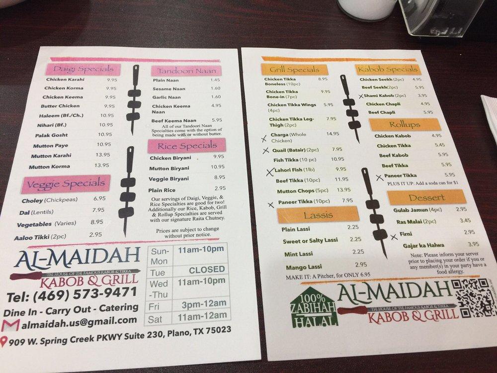 Menu at Al-Maidah restaurant, Plano