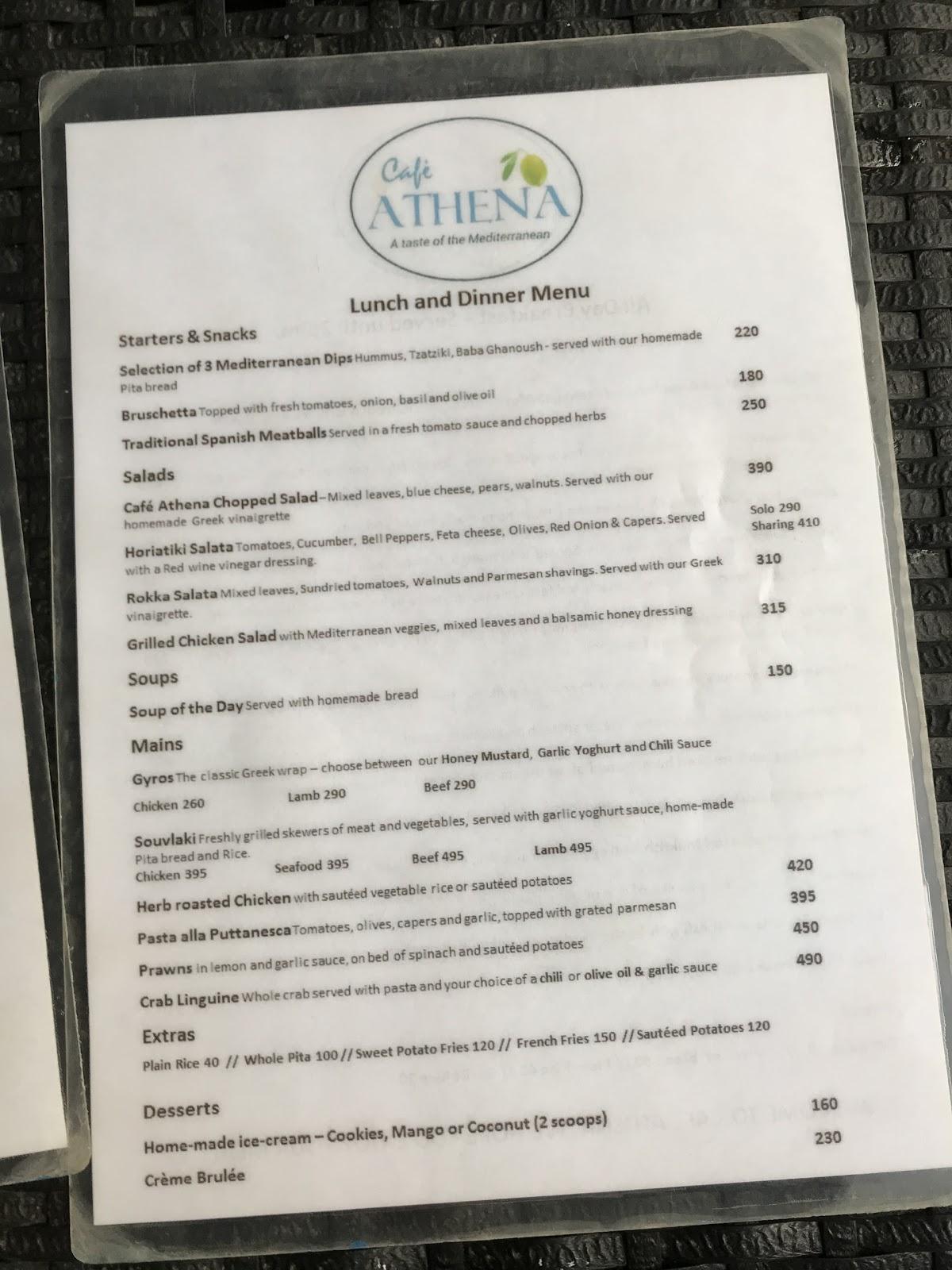 Menu at Cafe Athena, El Nido, Serena St