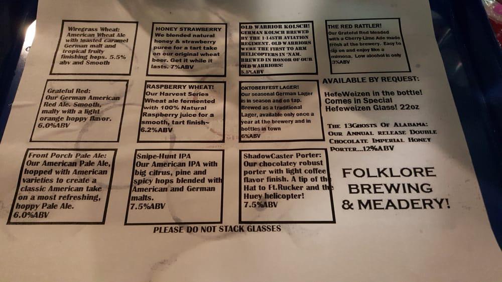 Menu at Folklore Brewing & Meadery restaurant, Dothan