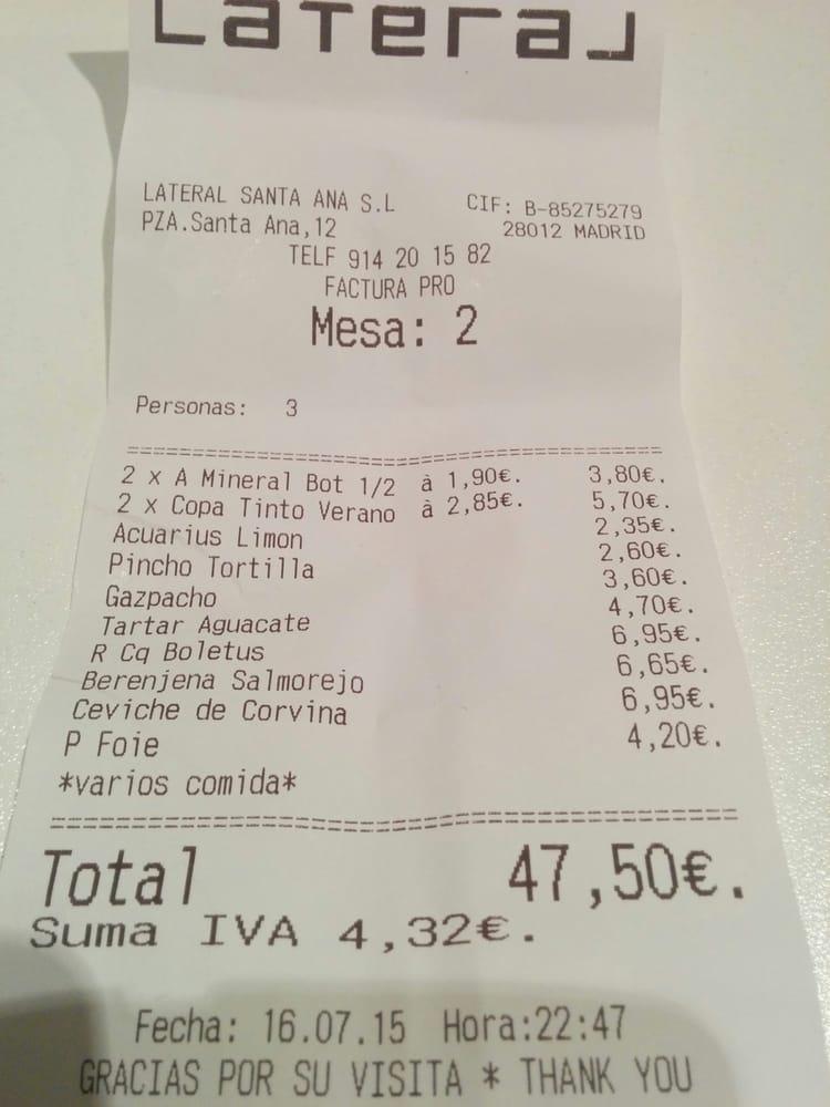 Menu at Lateral Milaneses pub & bar, Madrid
