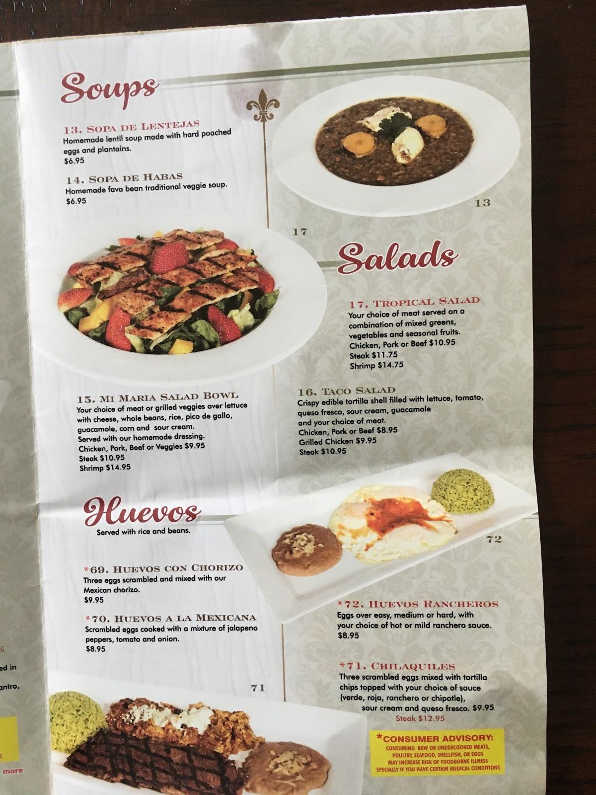 Menu at Mi Maria Bonita restaurant, Griffith