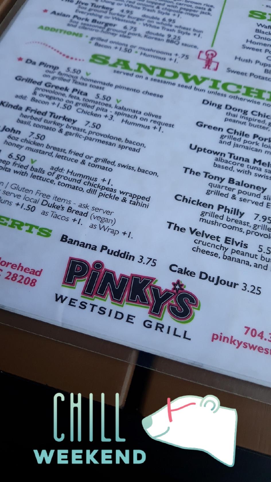 Menu at Pinky's Westside Grill pub & bar, Charlotte, W Morehead St