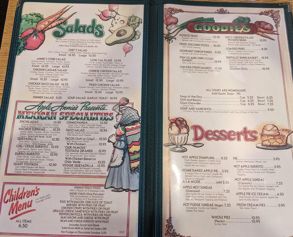 Menu at Apple Annie's restaurant, Tulare