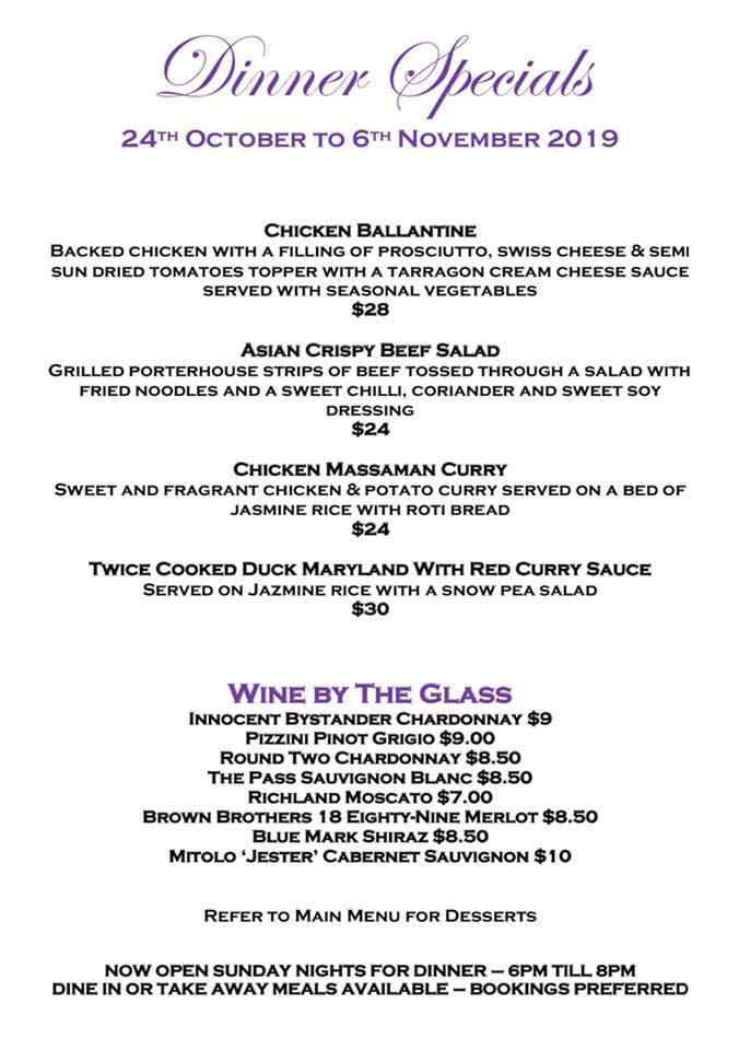 Menu at The Bower Tavern restaurant, Cohuna