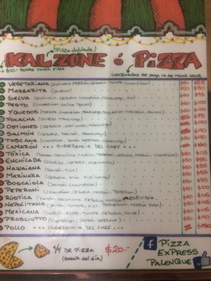 Menu at Pizza Express restaurant, Palenque