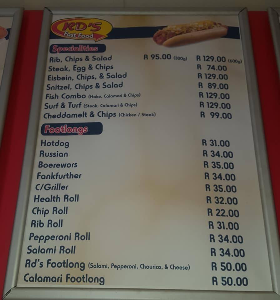 Menu at R D fast foods, Kriel
