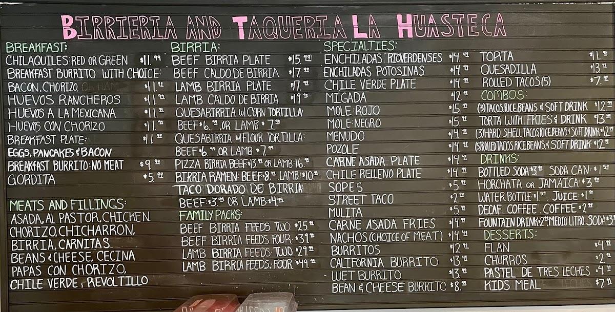 Menu at Birrieria & Taqueria La Huasteca restaurant, San Diego