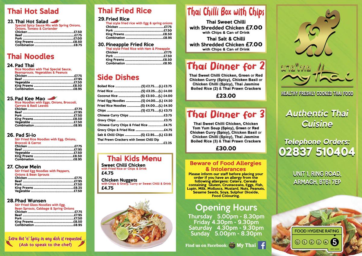 Menu at My Thai restaurant, Armagh