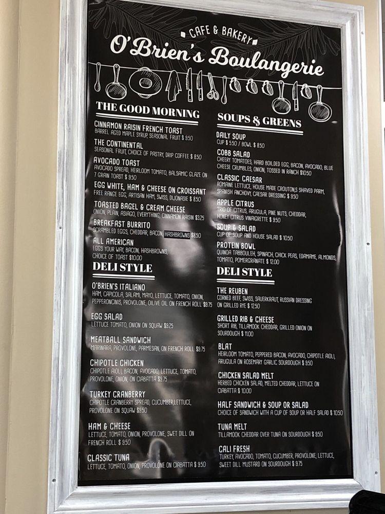 Menu at O'Brien's Boulangerie cafe, Poway