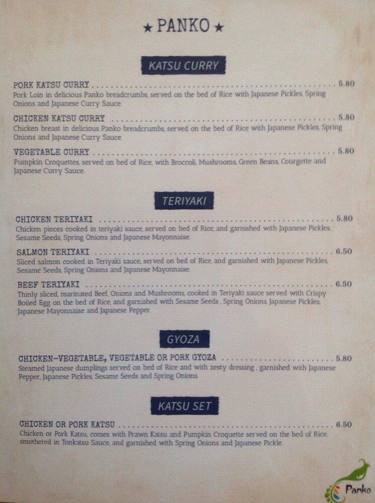 Menu at Panko cafe, Glasgow