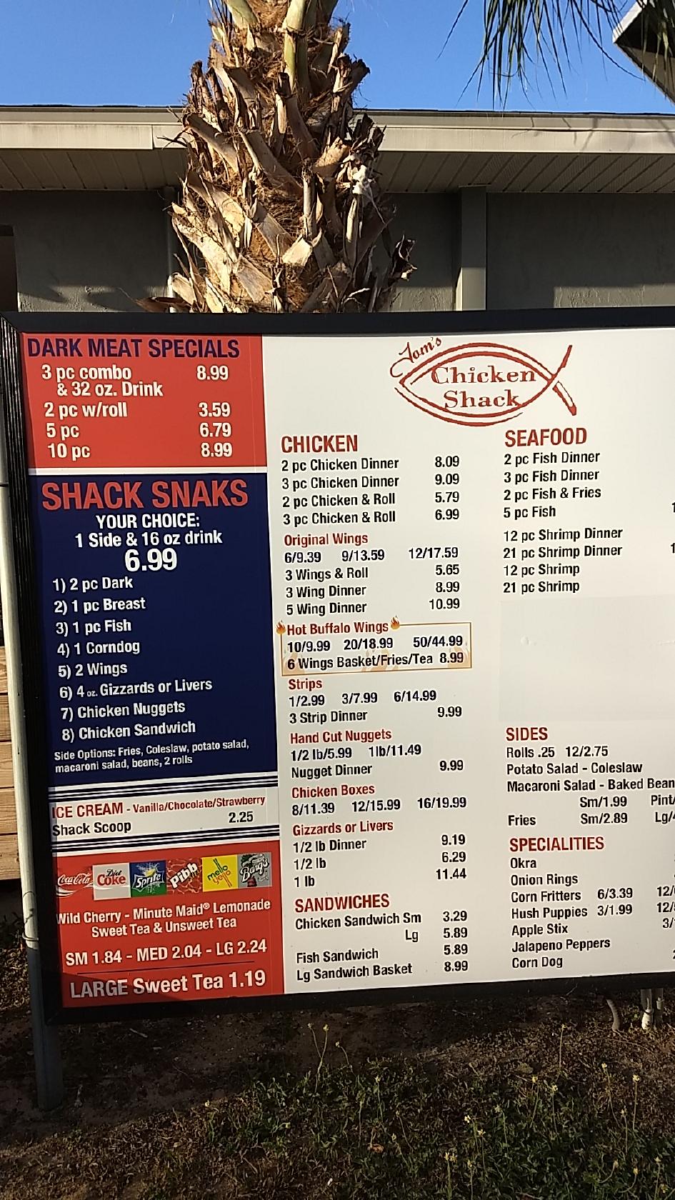 Menu at Tom's Chicken Shack restaurant, Bartow