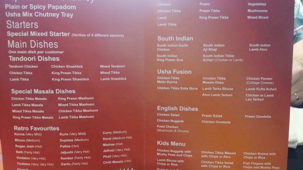 Menu at Usha Indian Restaurant Burnley, Burnley