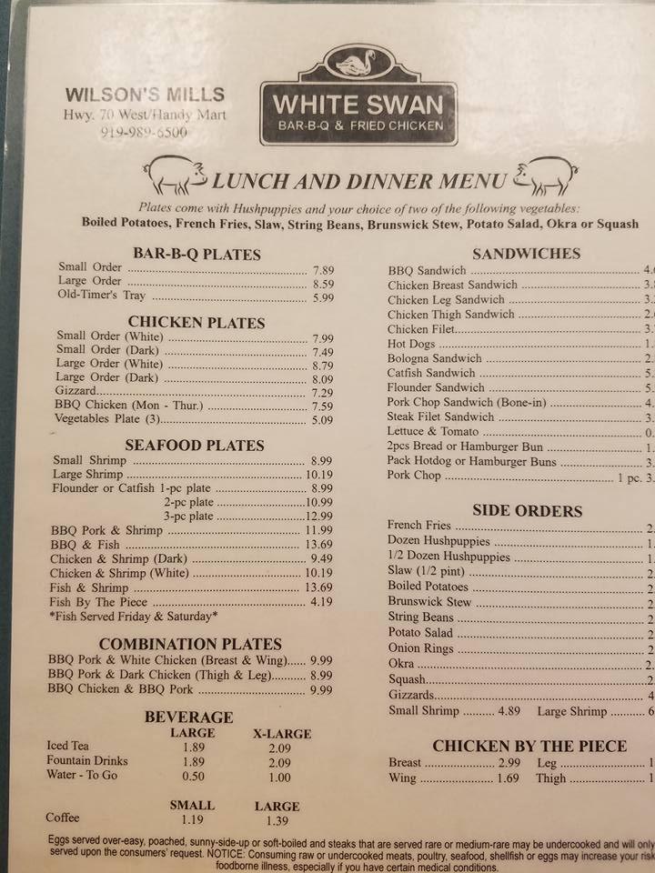 Menu at White Swan BBQ & Fried Chicken@ Wilsons Mill’s, Smithfield ...