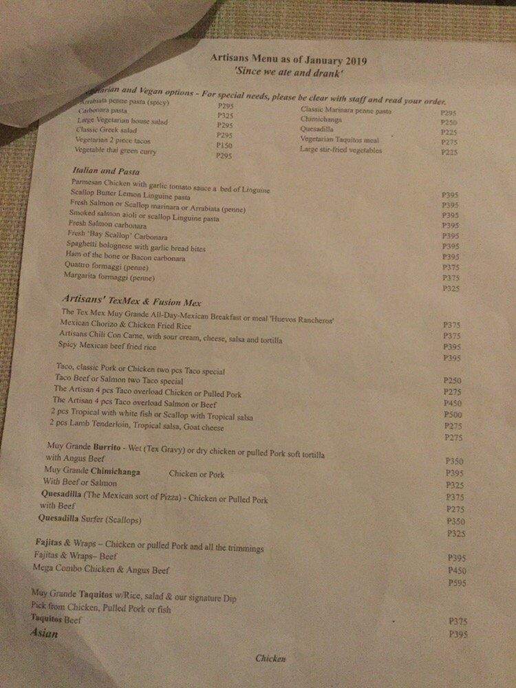 Menu at Artisans steakhouse, Puerto Princesa, Rizal Avenue