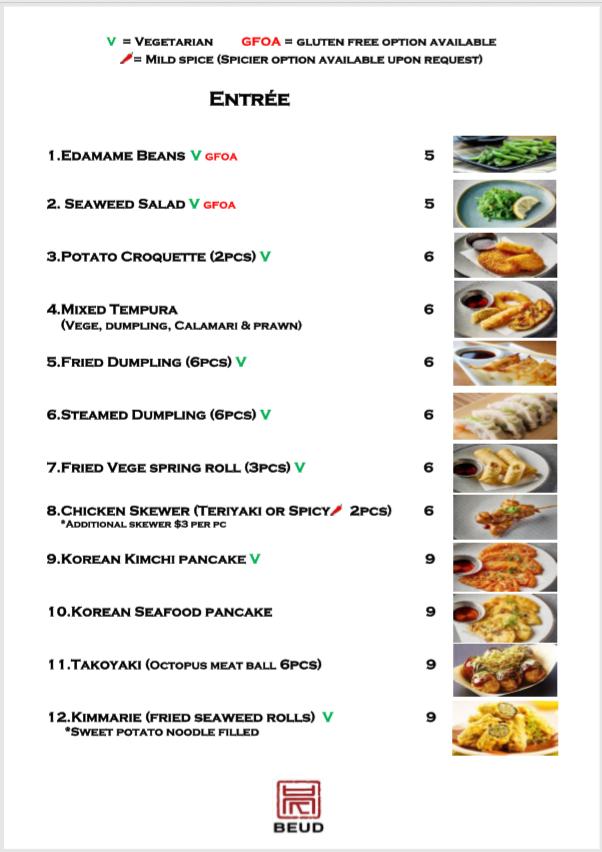 Menu at Beud restaurant, Maitland