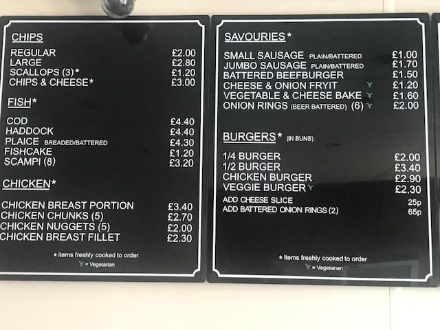 Menu at Castle Fish & Chip Shop. fast food, Criccieth