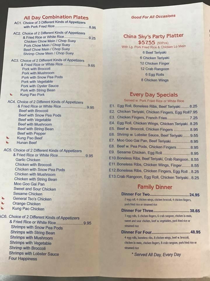 Menu at China Sky restaurant, Norridgewock, 50 Main St