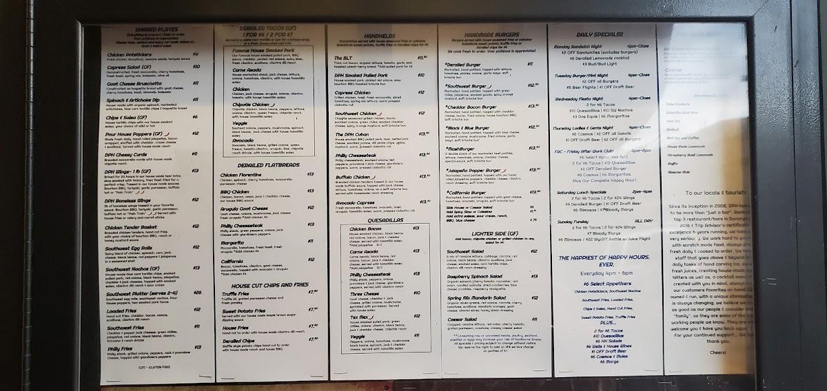 Menu at Derailed Pour House restaurant, Durango