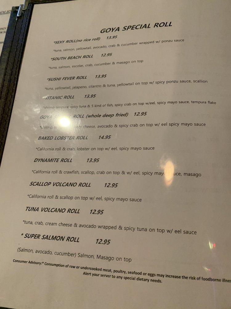 Menu at Goya Sushi & Grill restaurant, Austin, US-183 Hwy