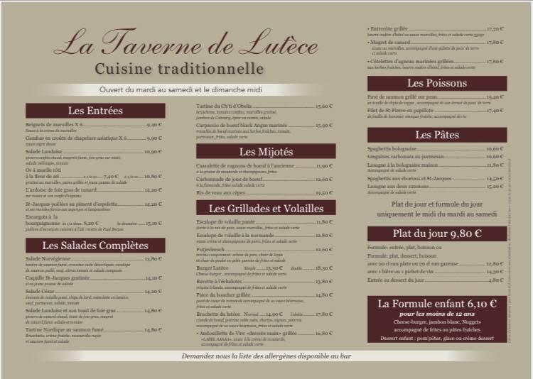 Menu au La Taverne de Lutèce restaurant, Cambrai