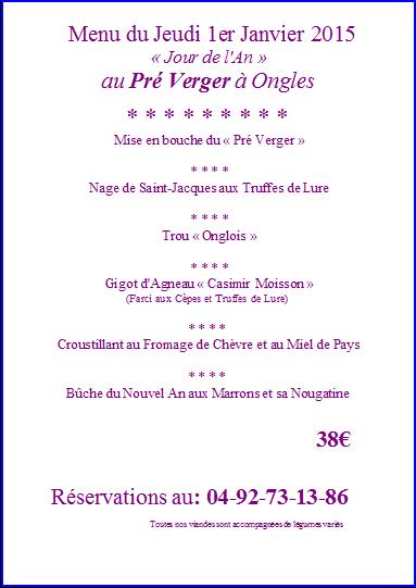 Menu at Le Pré Verger restaurant, Ongles