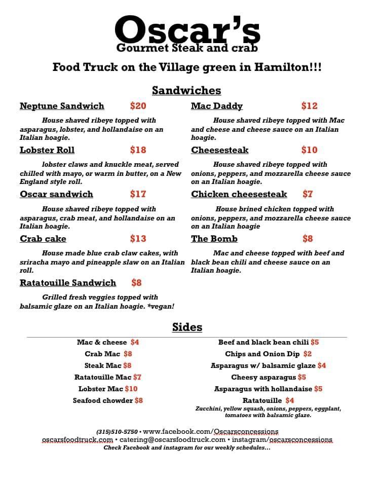 Menu at Oscar’s, Bouckville, Indian Opening Rd