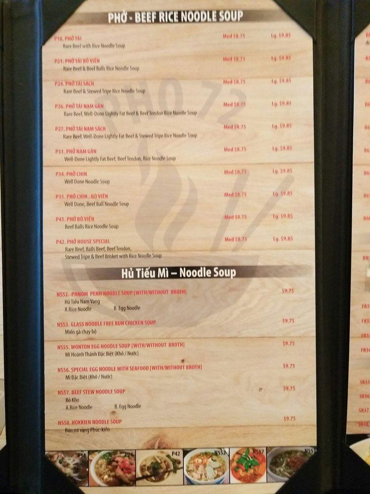 Menu at PHO 72 restaurant, Markham