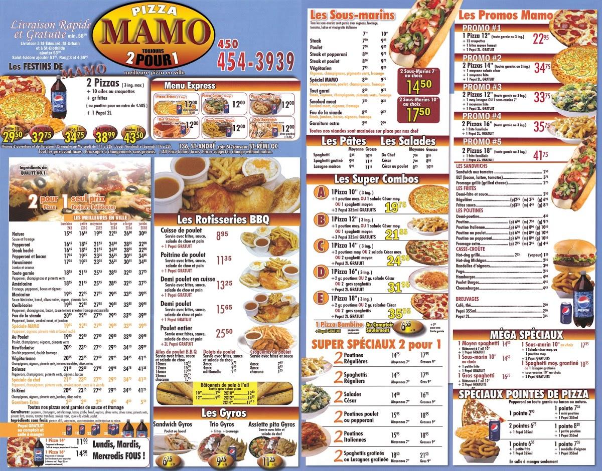 Menu au Pizza Mamo pizzeria, Saint-Rémi