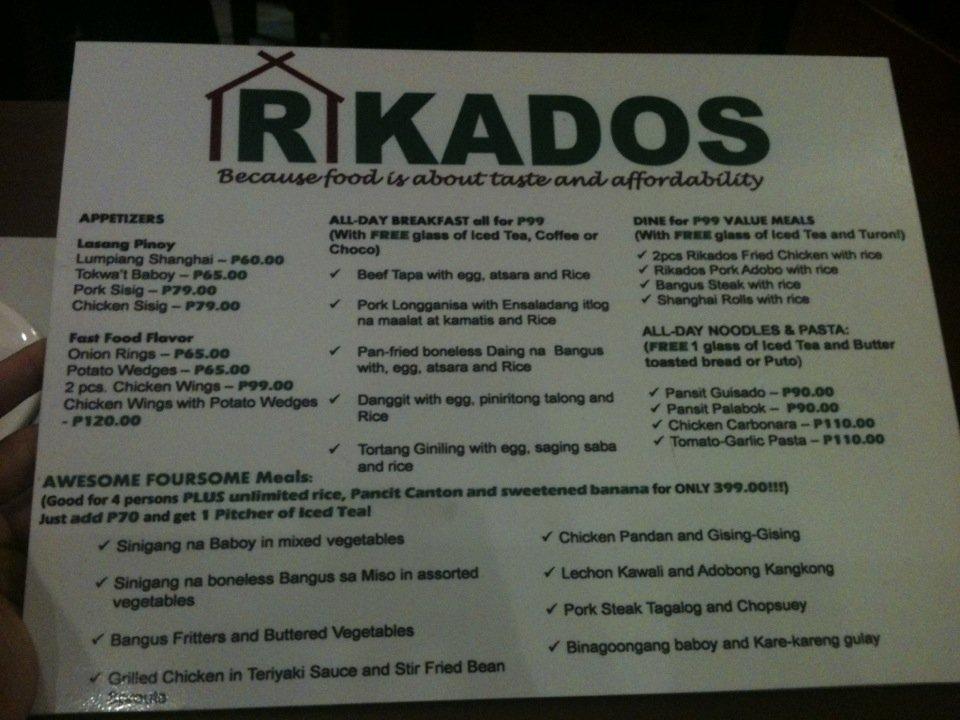 Menu at Rikados Restaurant, Cagayan de Oro