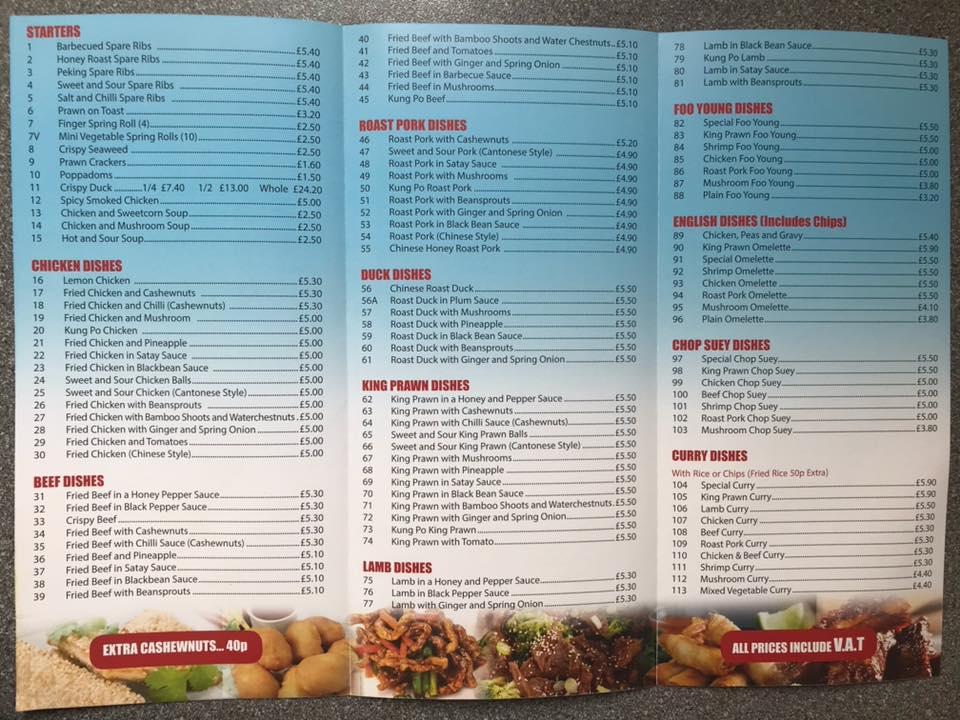 Menu at The Golden Phoenix fast food, Swansea