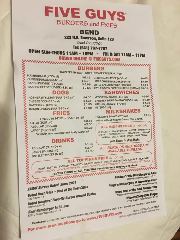 Menu at Five Guys fast food, Bend, 222 NE Emerson Ave Suite 103