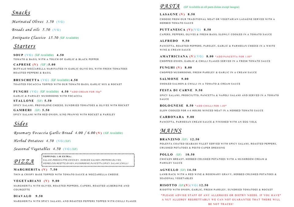 Menu at Lovefood Italia restaurant, Kidderminster