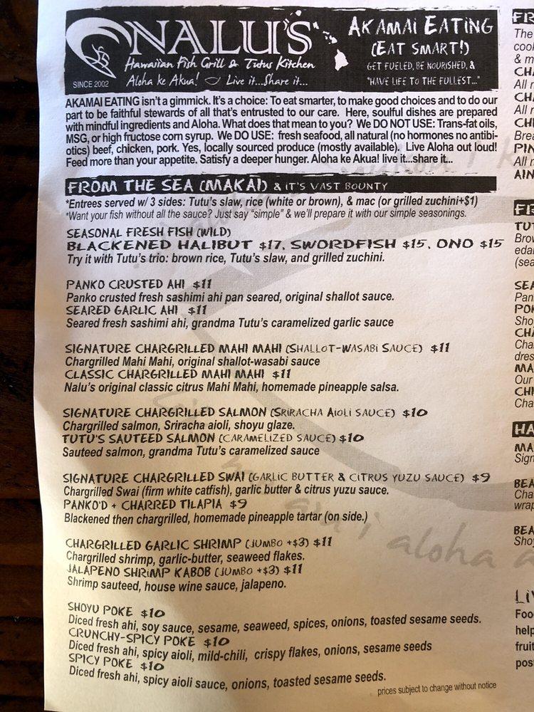 Menu at Nalu's Hawaiian Fish Grill & Tutu's Kitchen restaurant, San ...