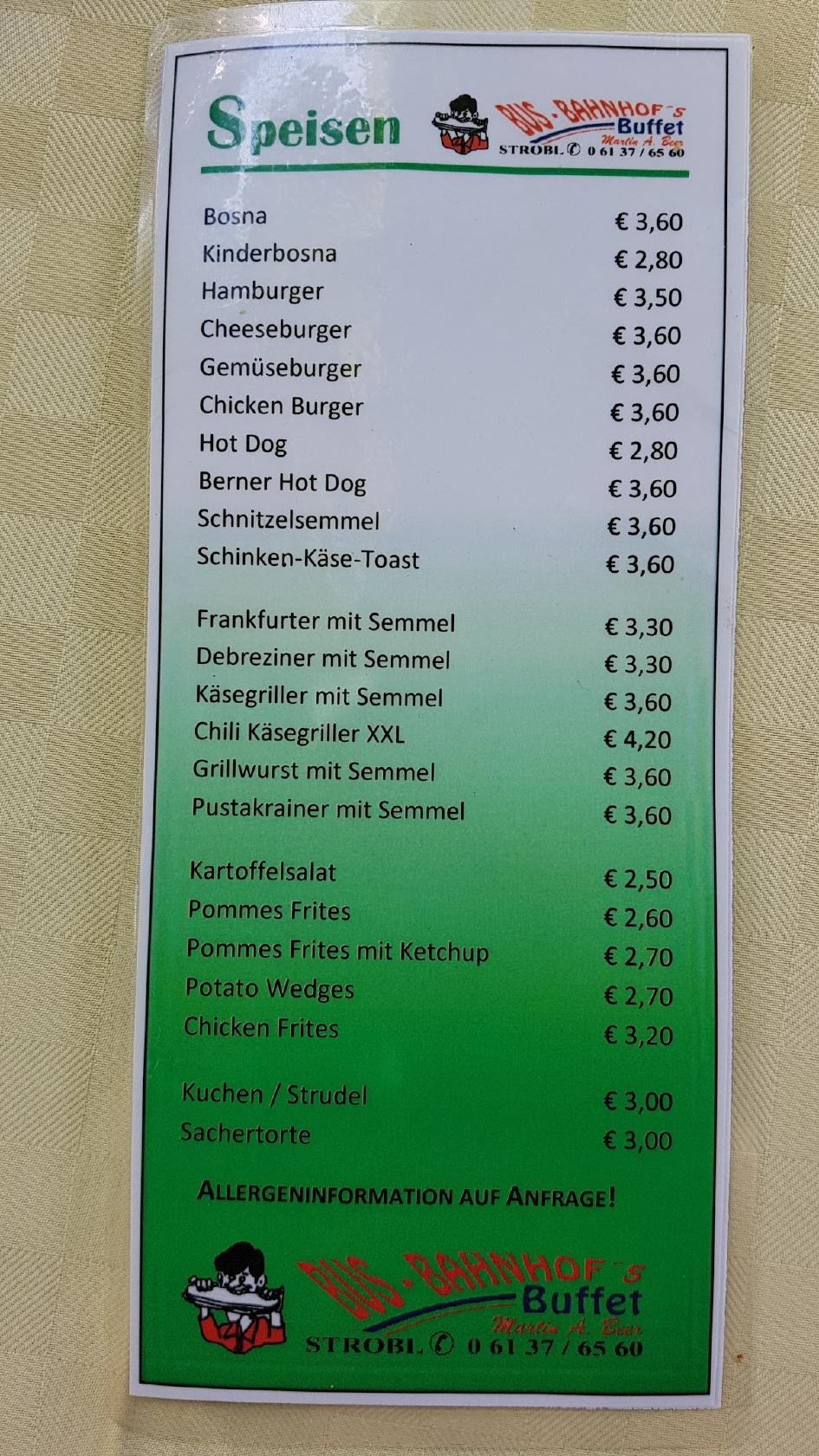 Menu at Schnell-Imbiss cafe, Strobl
