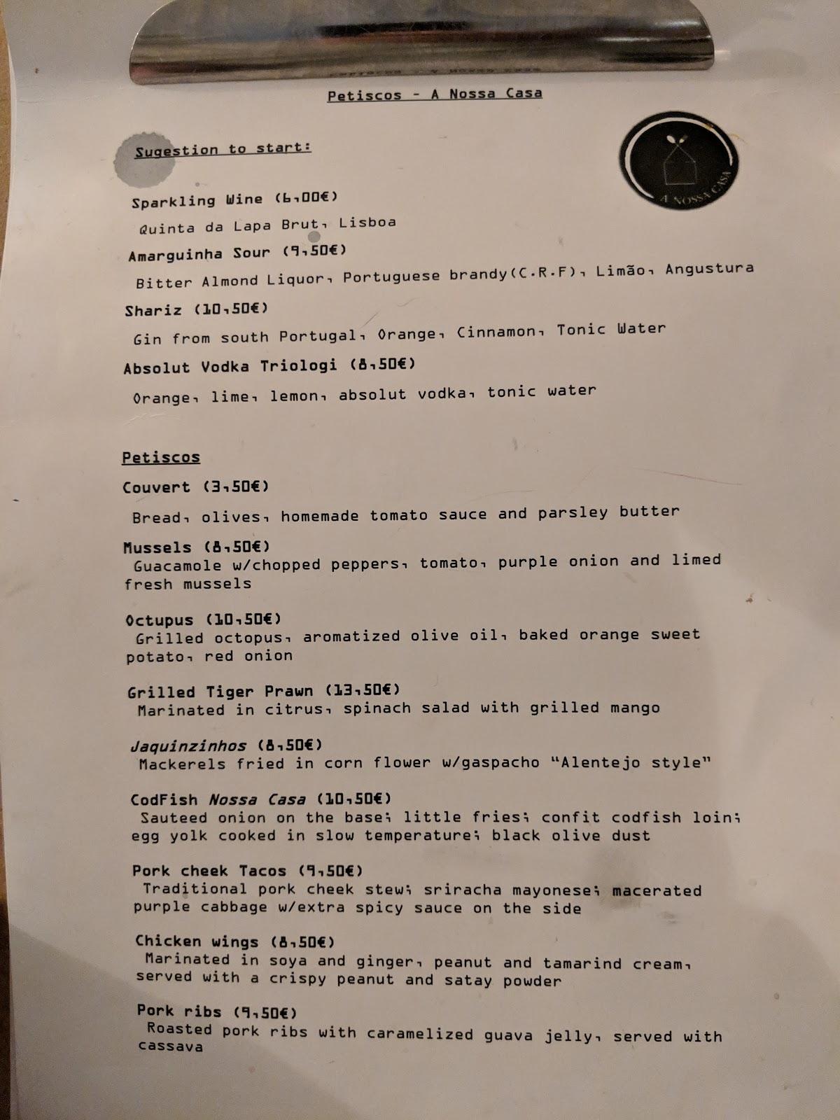Menu at A Nossa Casa restaurant, Lisbon, R. da Atalaia 31