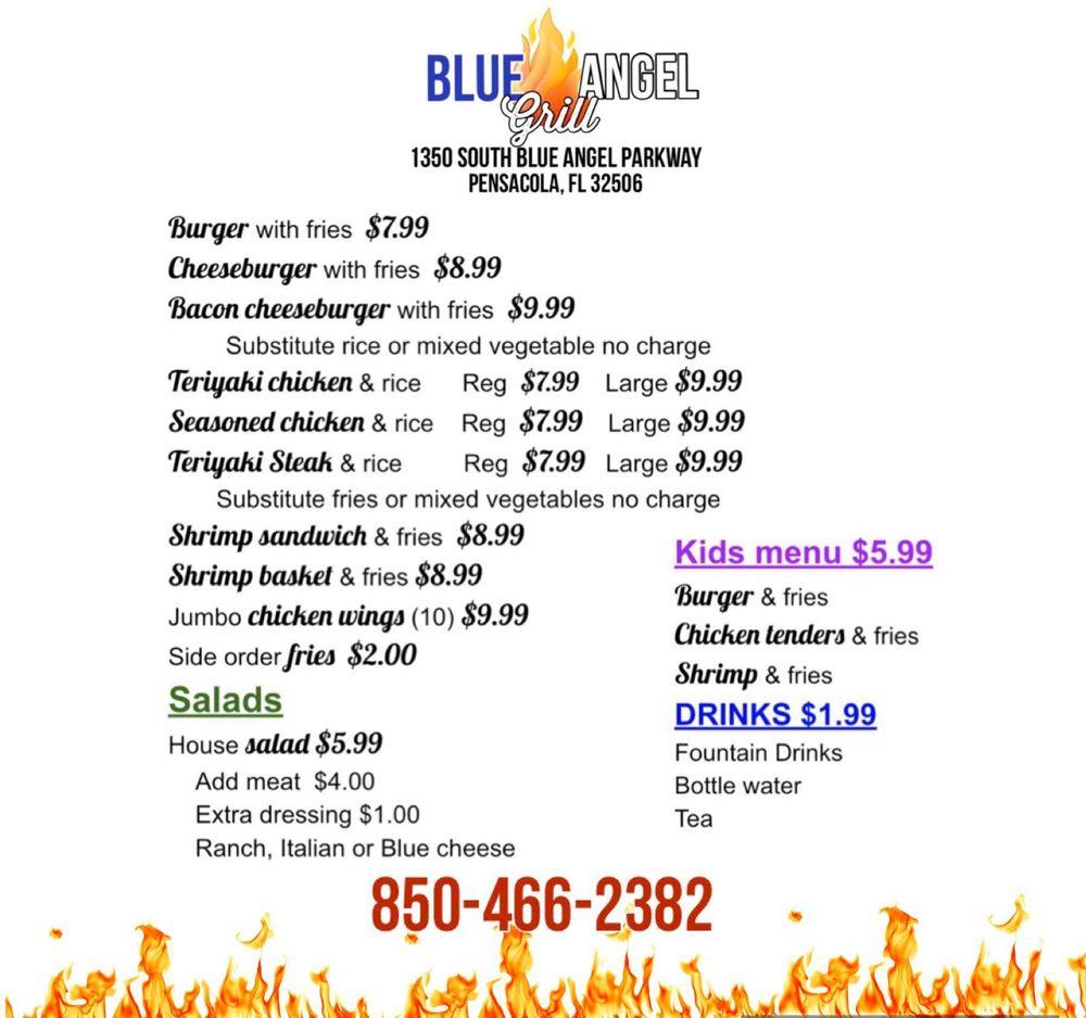 Menu at Blue Angel Grill BBQ, Pensacola Beach