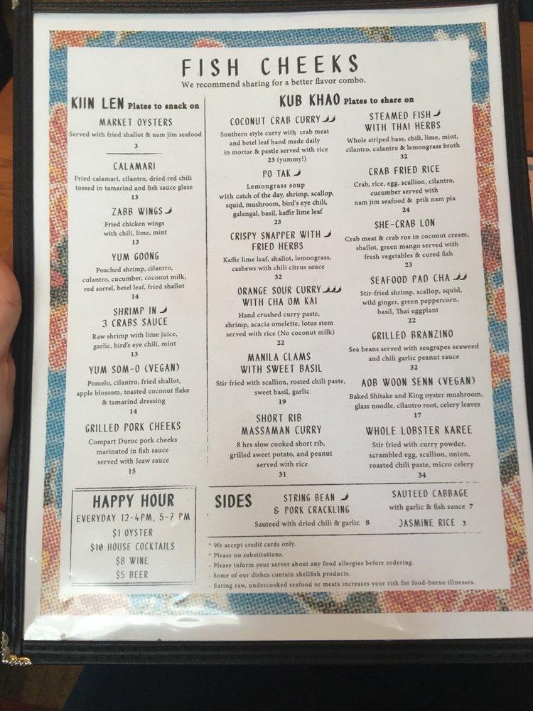 Menu at Fish Cheeks restaurant, New York City, 55 Bond St