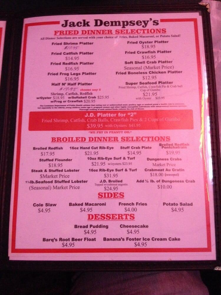 Menu at Jack Dempsey's Restaurant, New Orleans