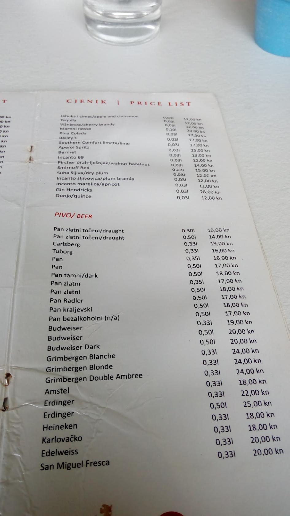 Menu da Le Cinema Caffe caffè bar, Zagabria, Radnička cesta 37