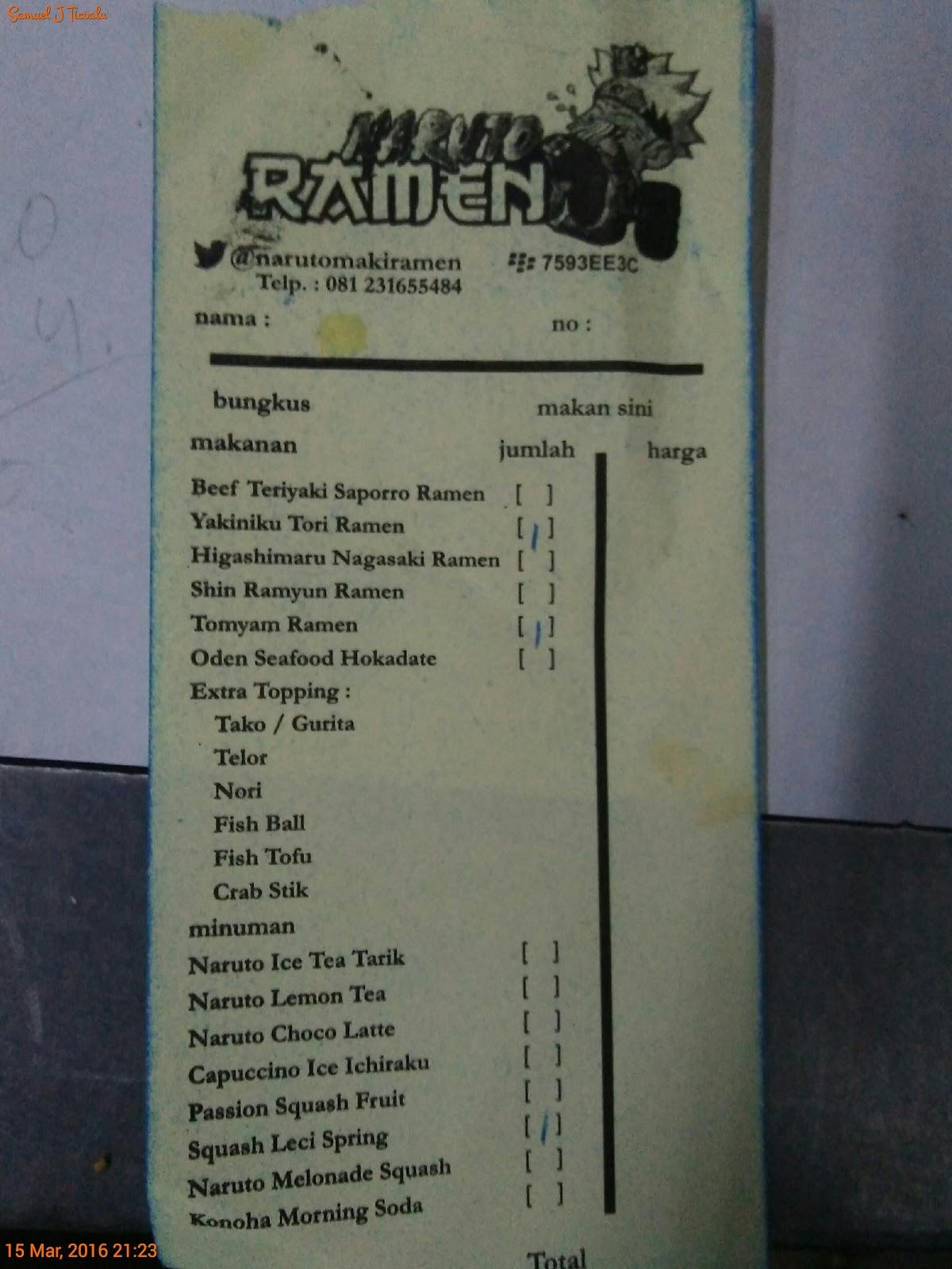 Menu at Mi Ramen Naruto restaurant, Surabaya