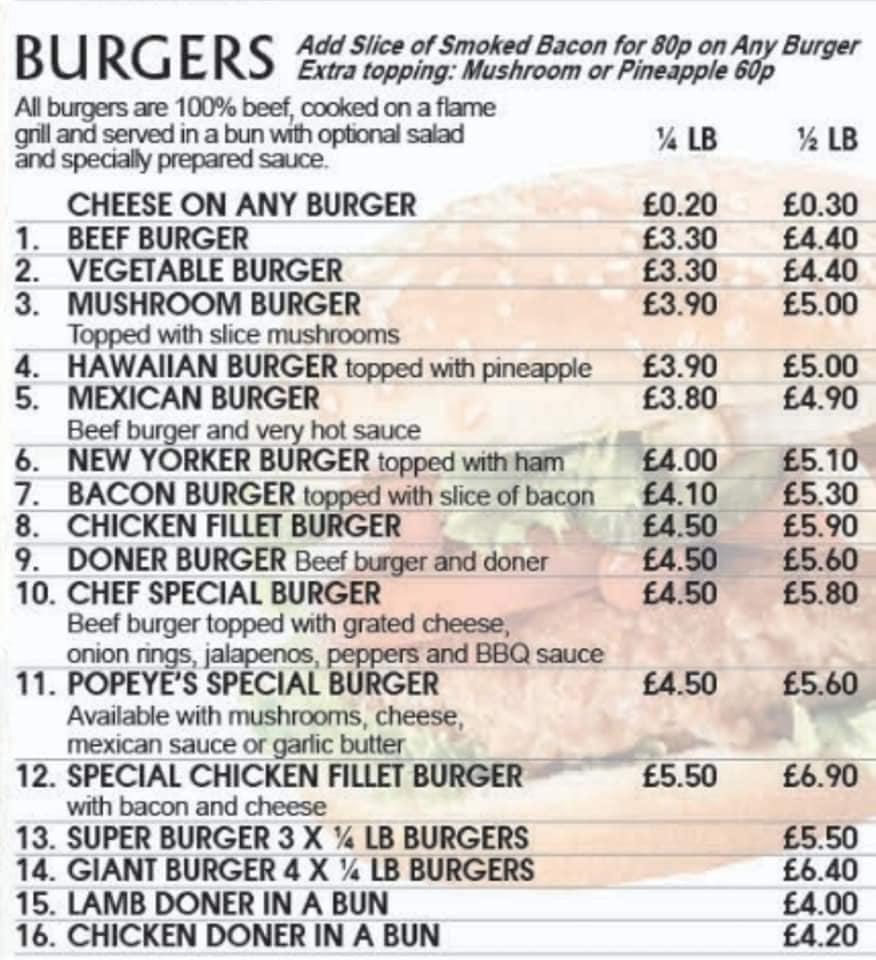 Menu at Popeye's fast food, Salisbury