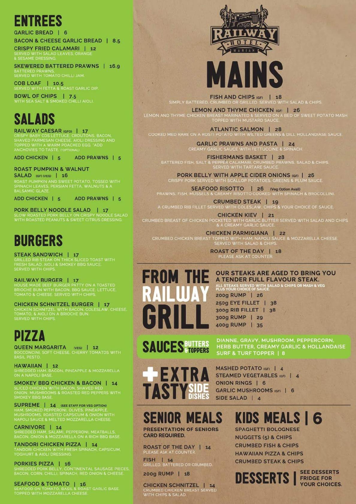 Menu at Railway Hotel Marian pub & bar, Marian