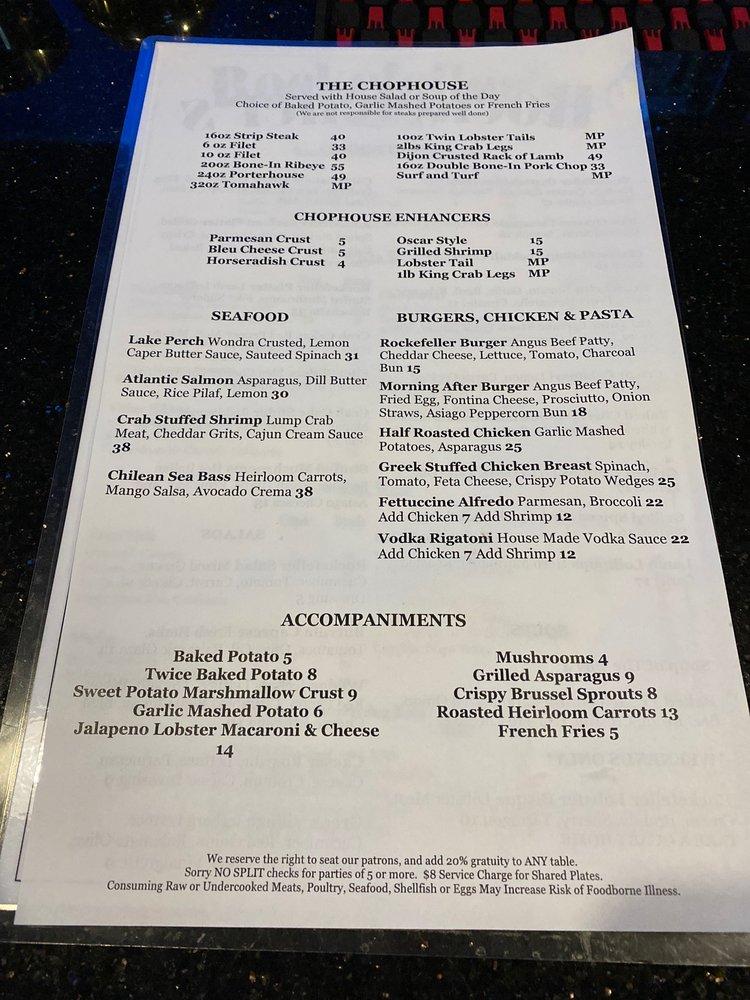 Menu at Rockefeller's steakhouse, Oak Lawn