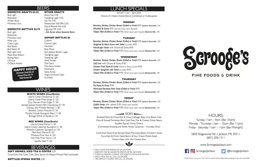 Menu at Scrooge's Fine Foods & Drink restaurant, Jackson