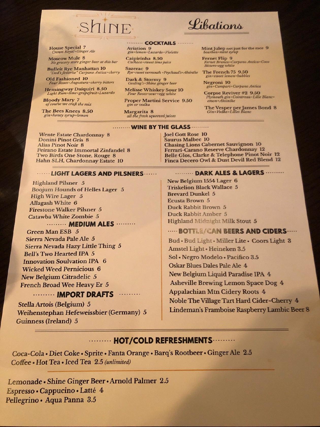 Menu at Shine pub & bar, Hendersonville