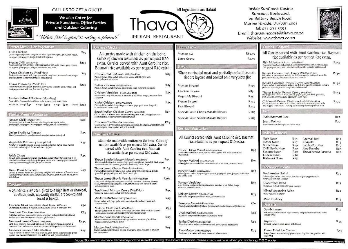 Menu at Thava Suncoast restaurant, Durban