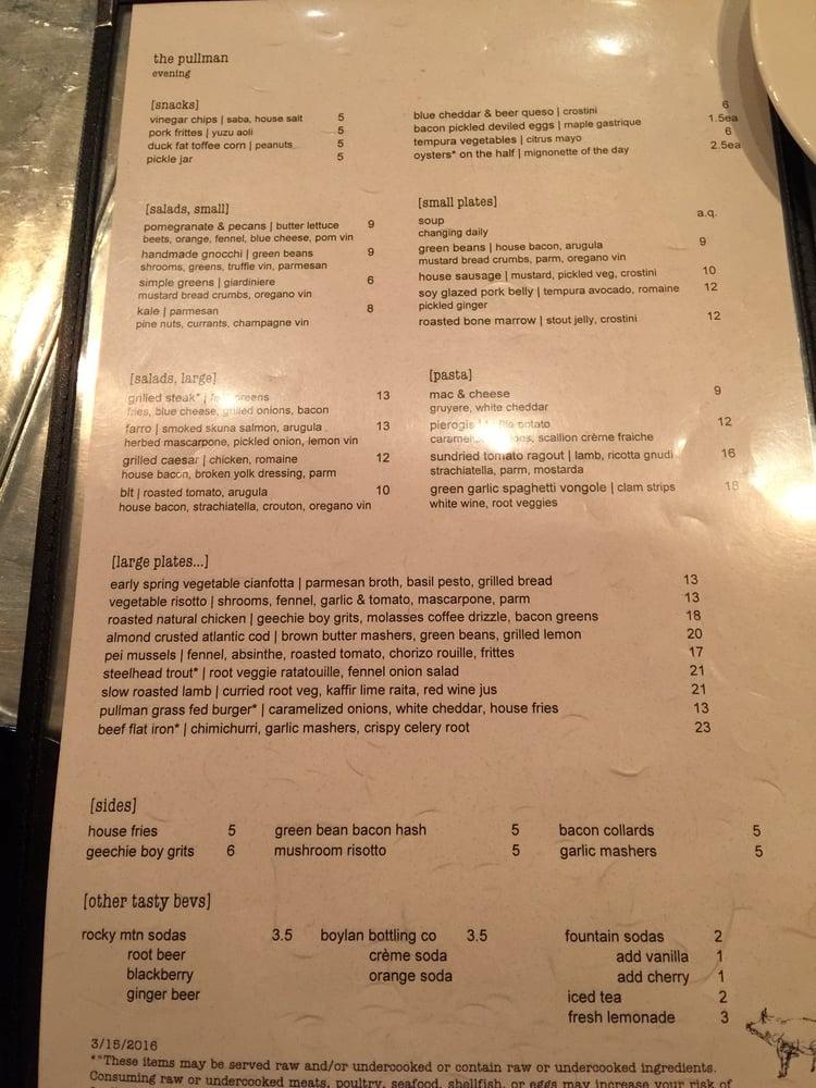 Menu at The Pullman pub & bar, Glenwood Springs