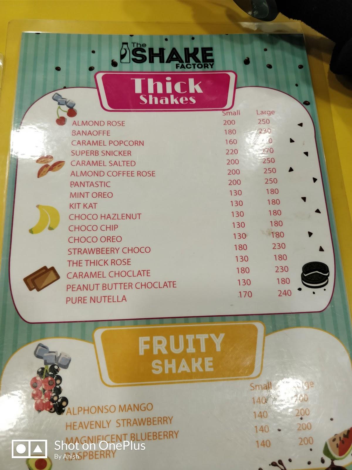 Menu at The Shake Factory, Kolkata, 26
