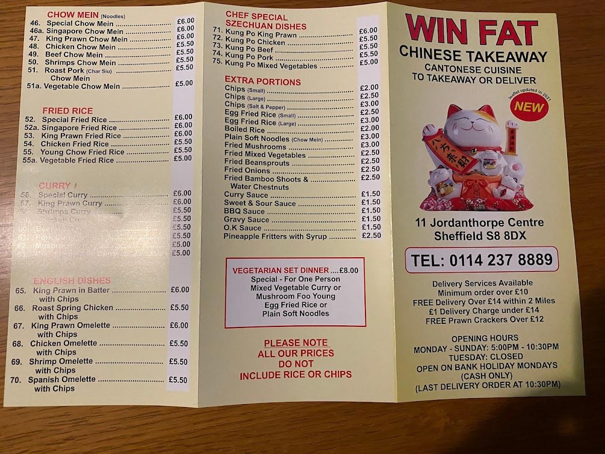 Menu at Win Fat fast food, Sheffield